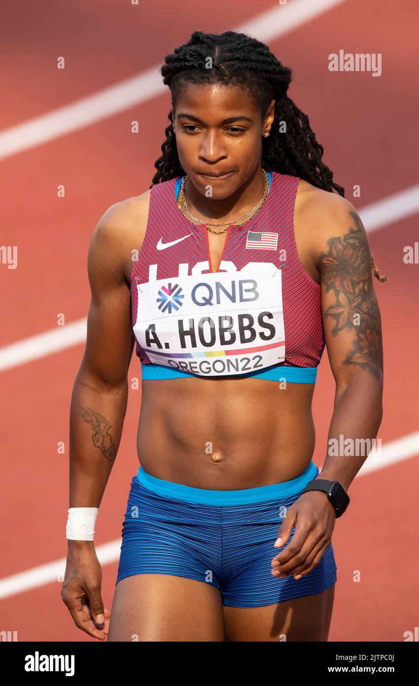 Aleia Hobbs of the USA competing in the women’s 100m heats at the World ...