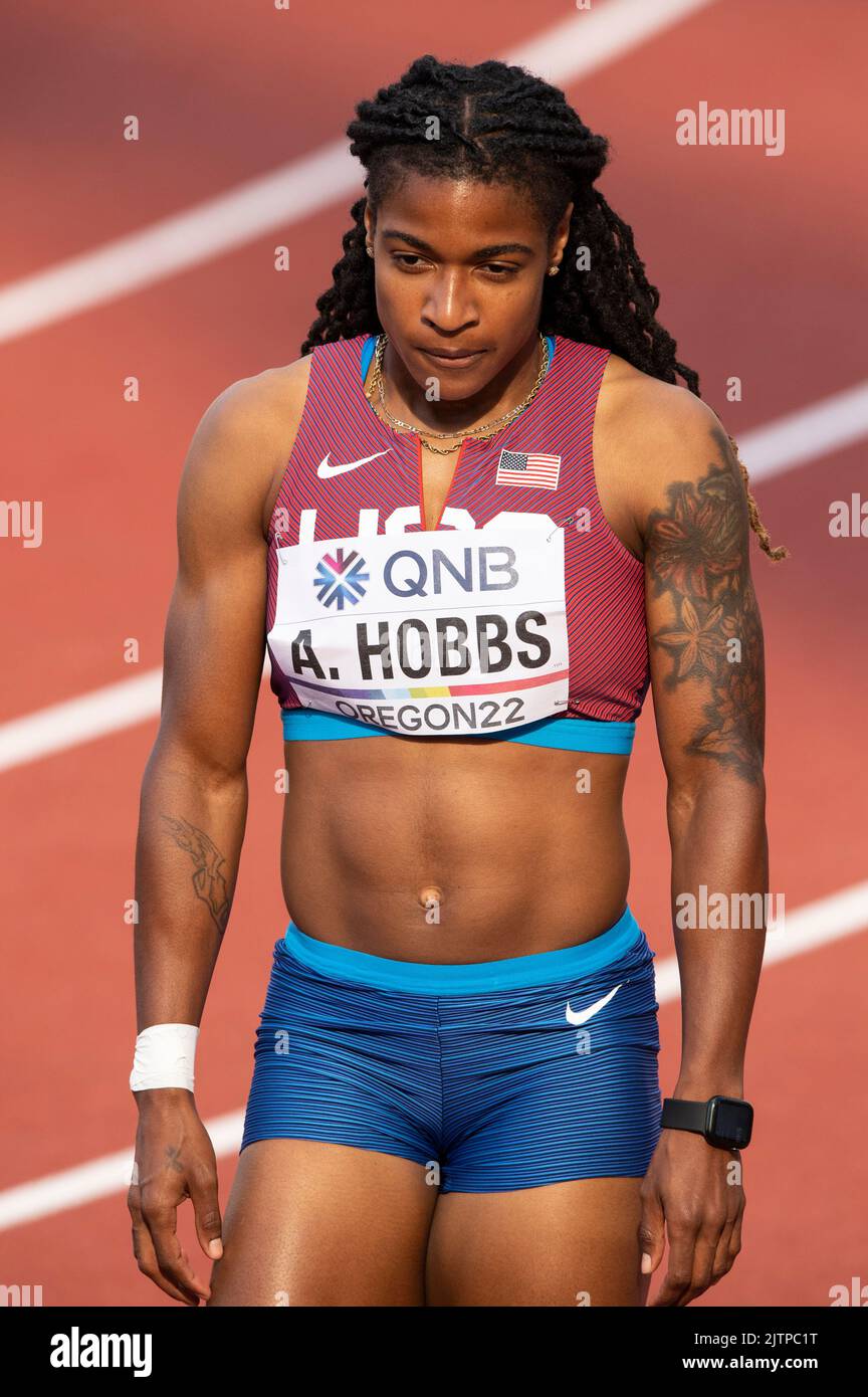 Aleia Hobbs of the USA competing in the women’s 100m heats at the World ...