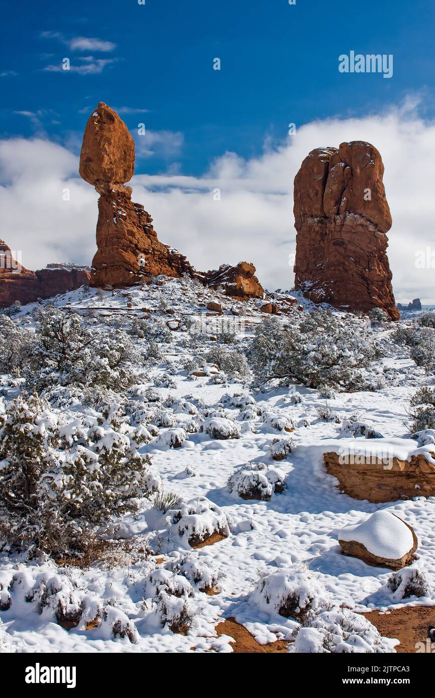 Balanced Rock after a winter snowfall in Arches National Park, Moab ...