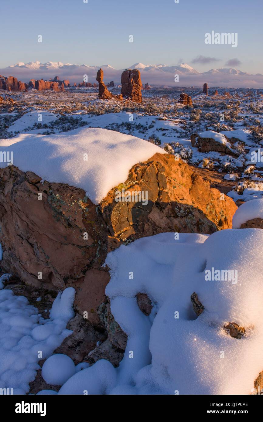 Snow on the sandstone near Balanced Rock after a winter storm in Arches ...
