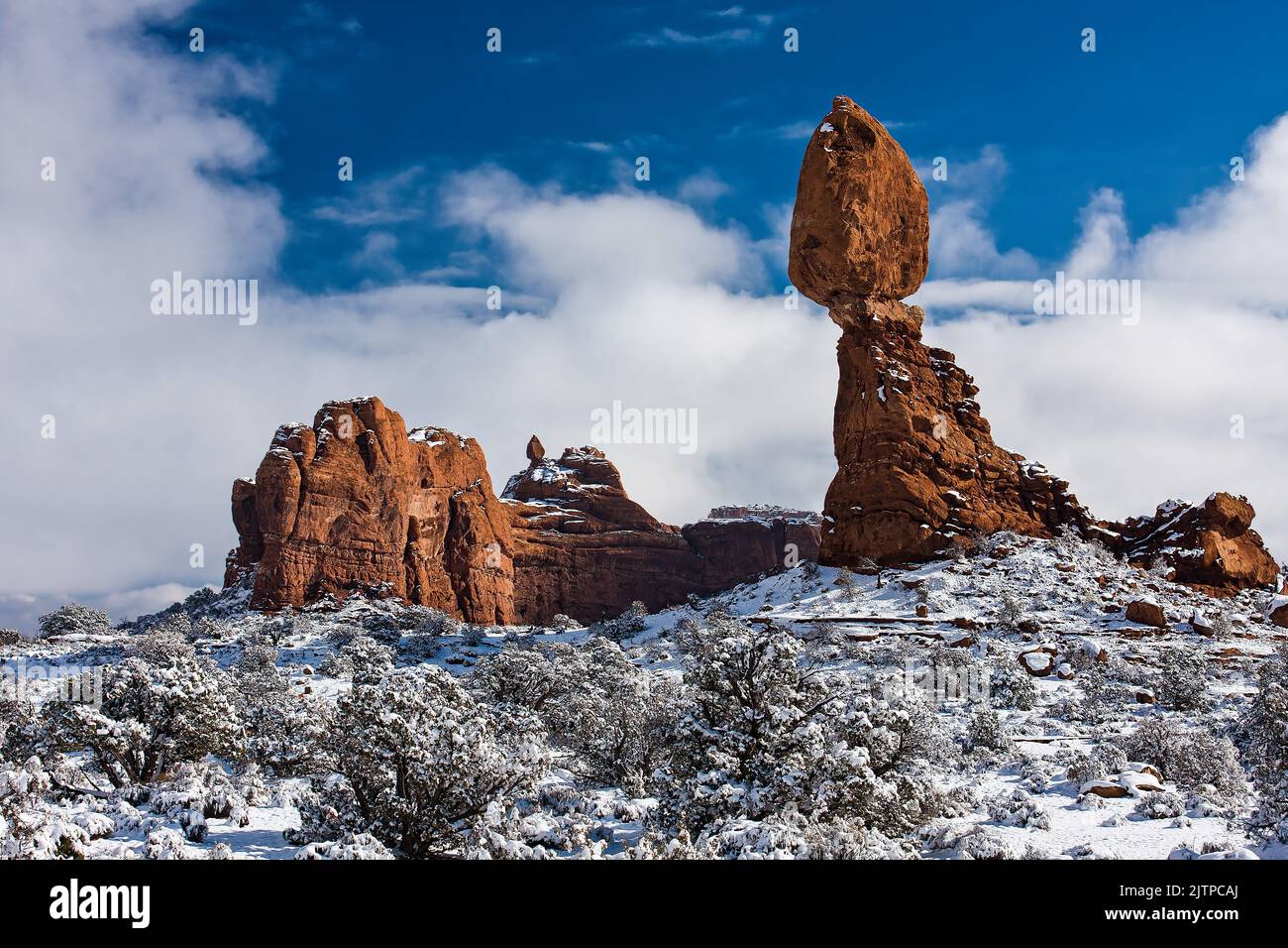 Balanced Rock and its mini twin, Ham Rock, after a winter snowfall in ...
