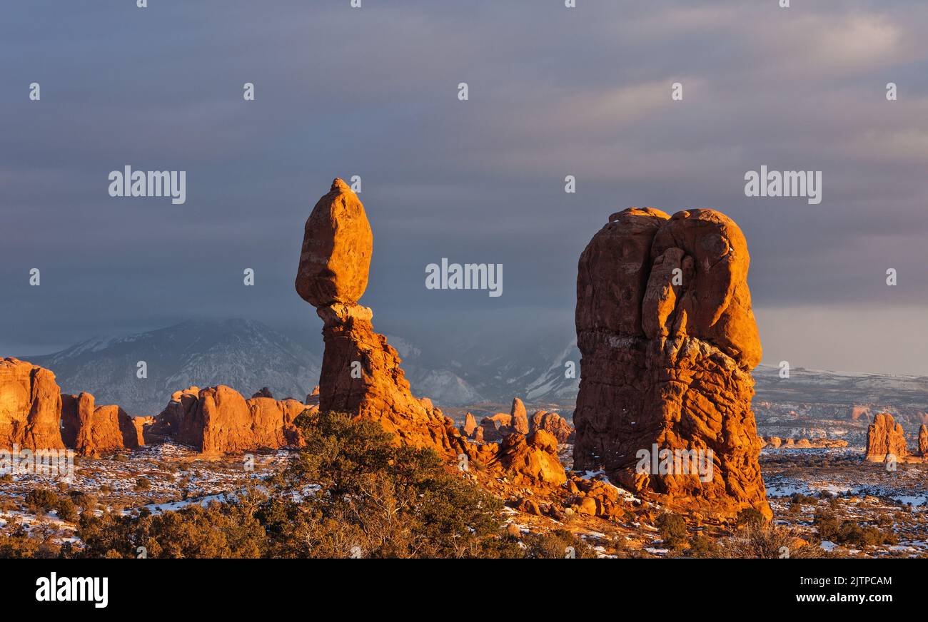 Winter sunset at Balanced Rock in Arches National Park, Moab, Utah ...