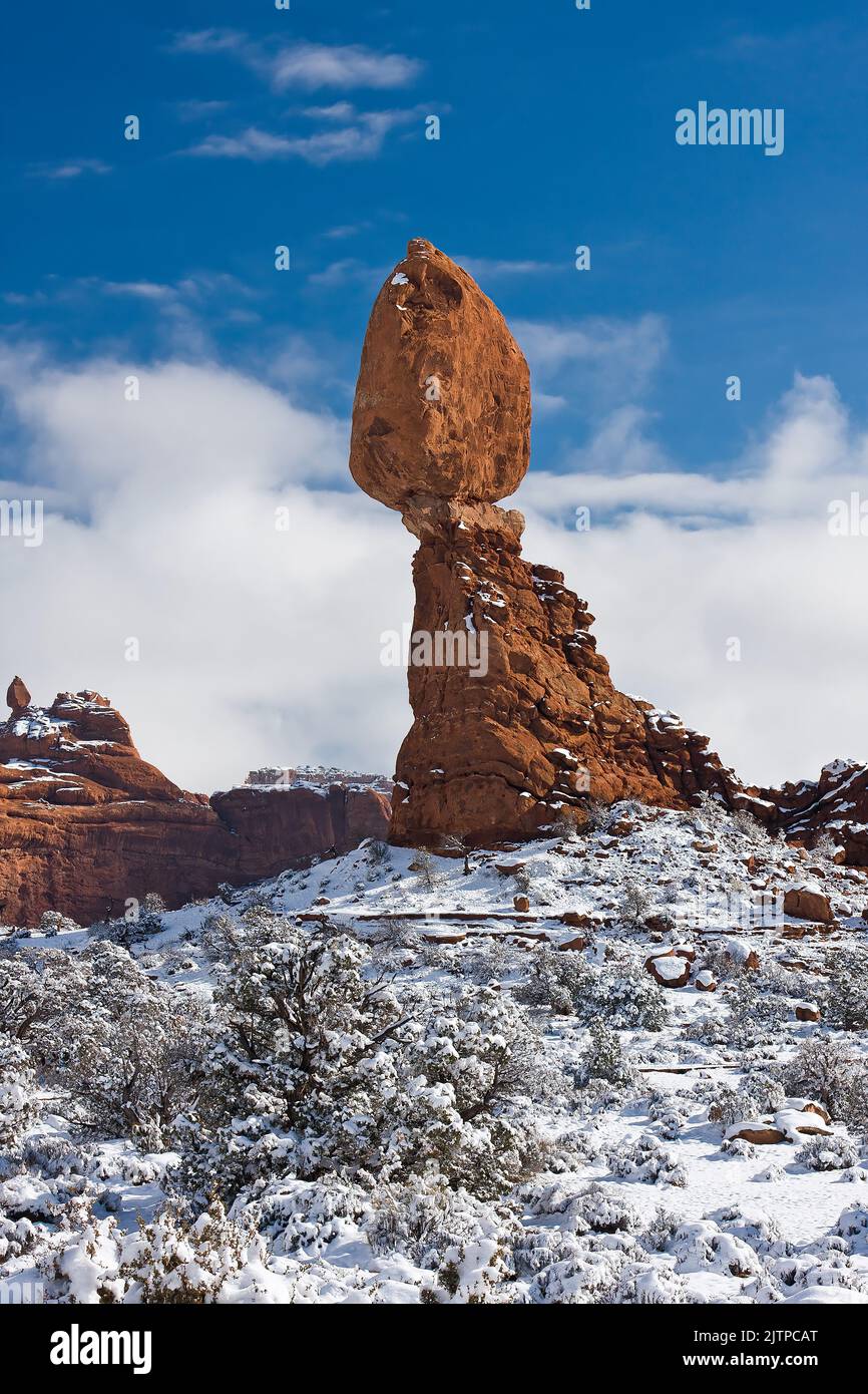 Balanced Rock and its mini twin, Ham Rock, after a winter snowfall in ...