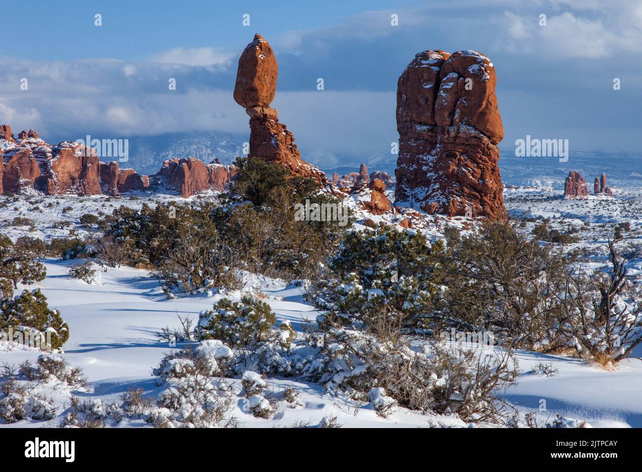 Balanced Rock after a winter snowfall in Arches National Park, Moab ...