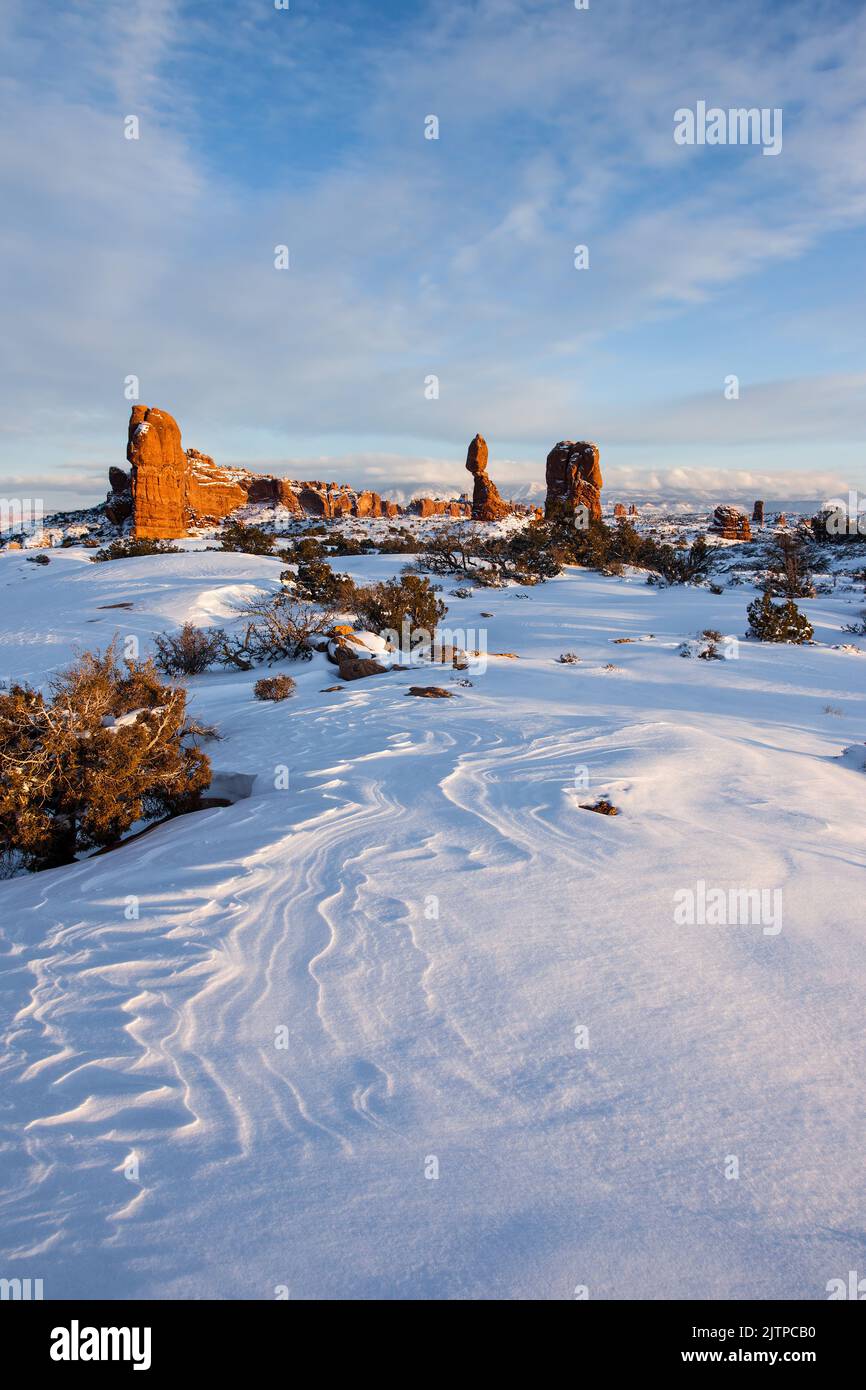 Balanced Rock after a winter snowfall in Arches National Park, Moab ...