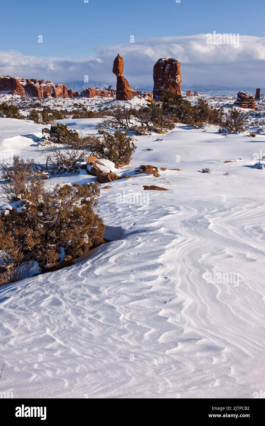 Balanced Rock after a winter snowfall in Arches National Park, Moab ...