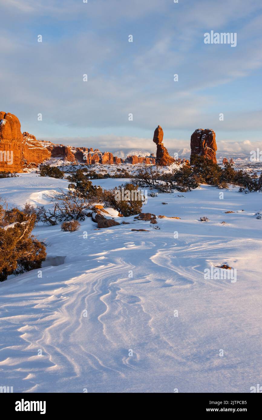 Balanced Rock after a winter snowfall in Arches National Park, Moab ...