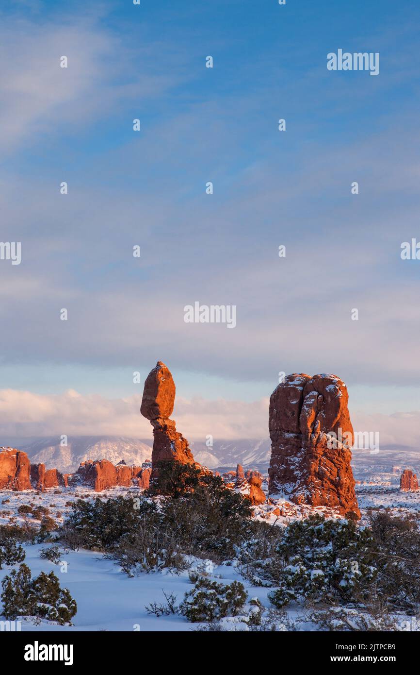 Balanced Rock after a winter snowfall in Arches National Park, Moab ...