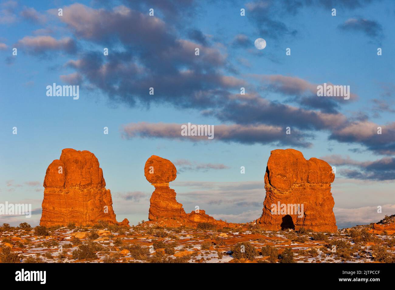 Balanced Rock and the moon in winter, Arches National Park, Moab, Utah ...