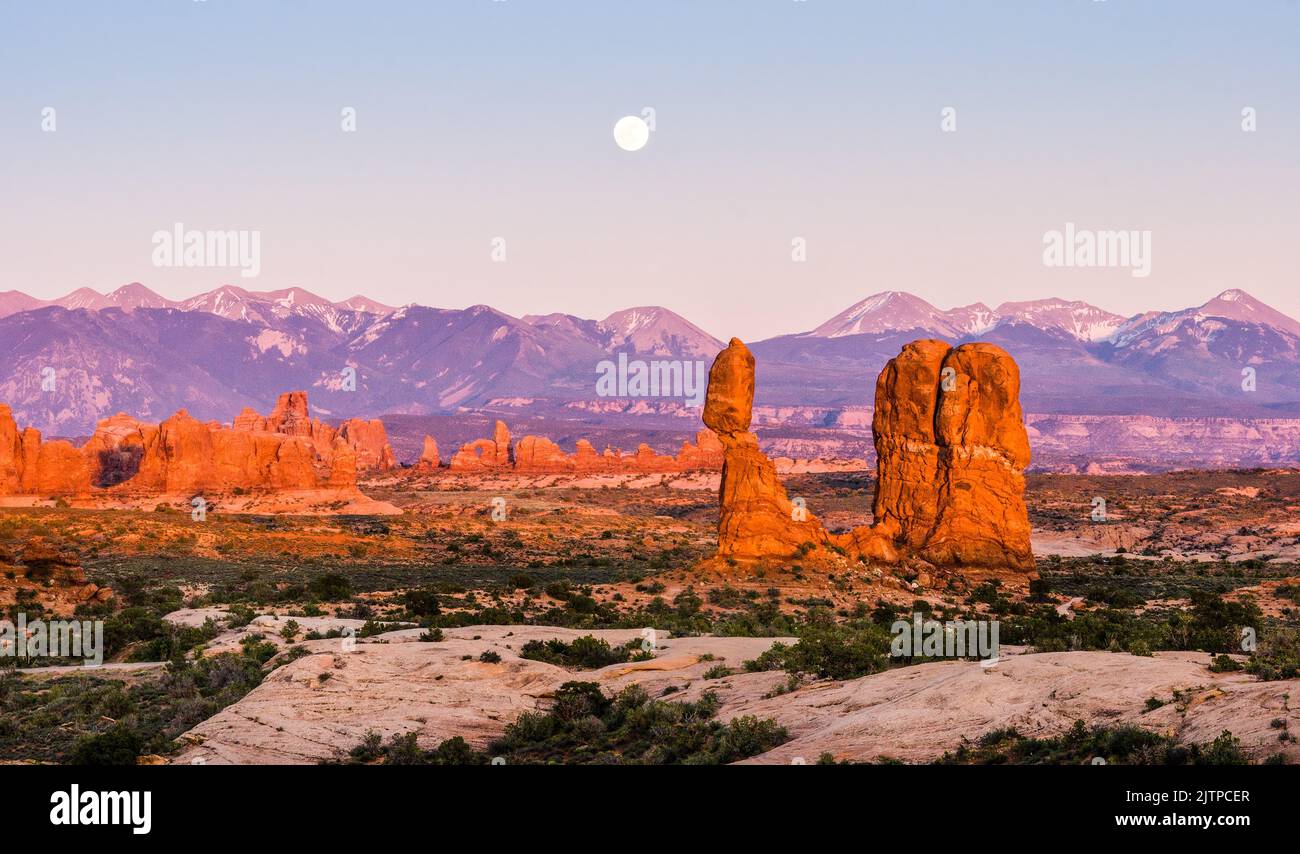 Moonrise over the La Sal Mountains and Balanced Rock in Arches National ...