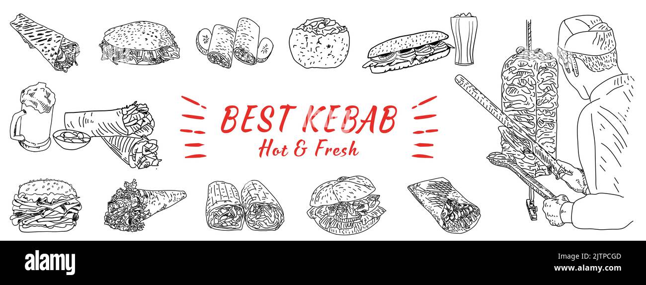 Hand drawn vector illustration. Shawarma cooking and ingredients for ...