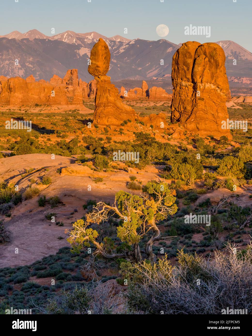 Moonrise over the La Sal Mountains and Balanced Rock in Arches National ...