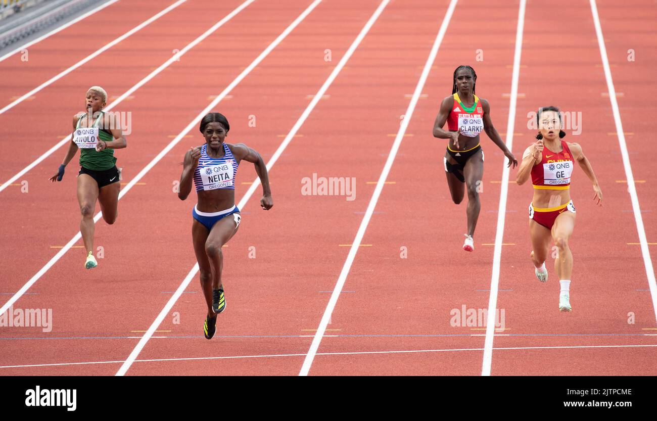 Fatmata Awolo, Daryll Neita, Amya Clarke, Manqi Ge competing in the ...