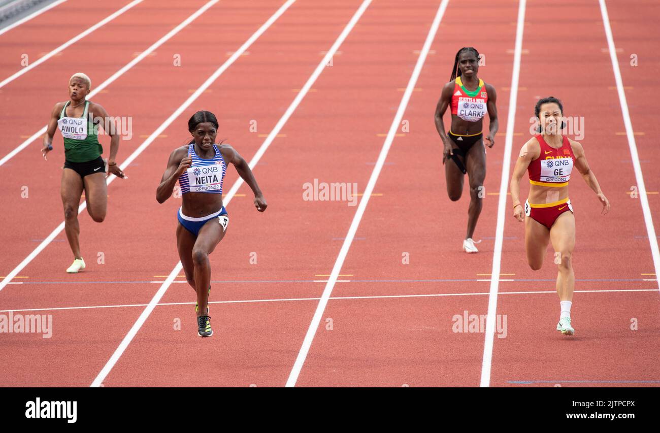 Fatmata Awolo, Daryll Neita, Amya Clarke, Manqi Ge competing in the ...