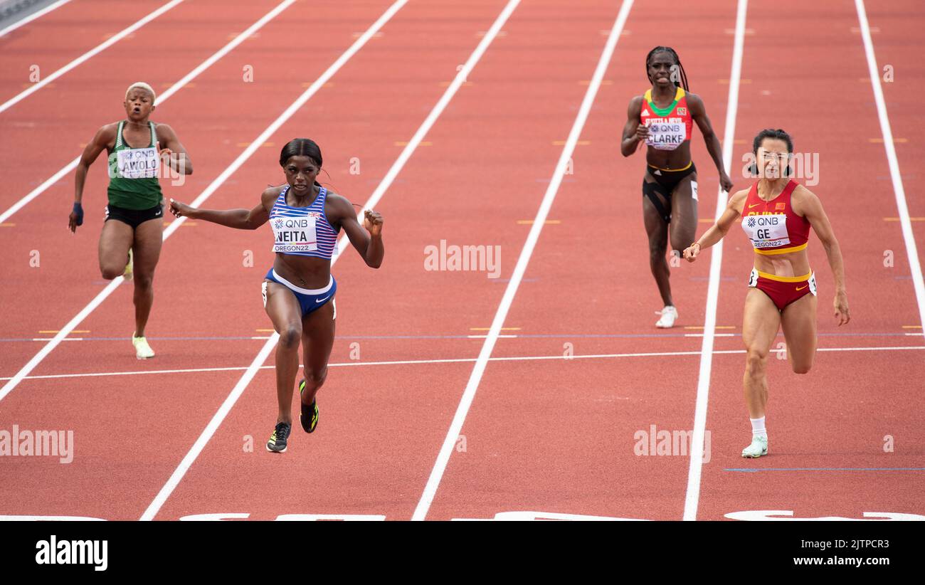 Fatmata Awolo, Daryll Neita, Amya Clarke, Manqi Ge competing in the ...
