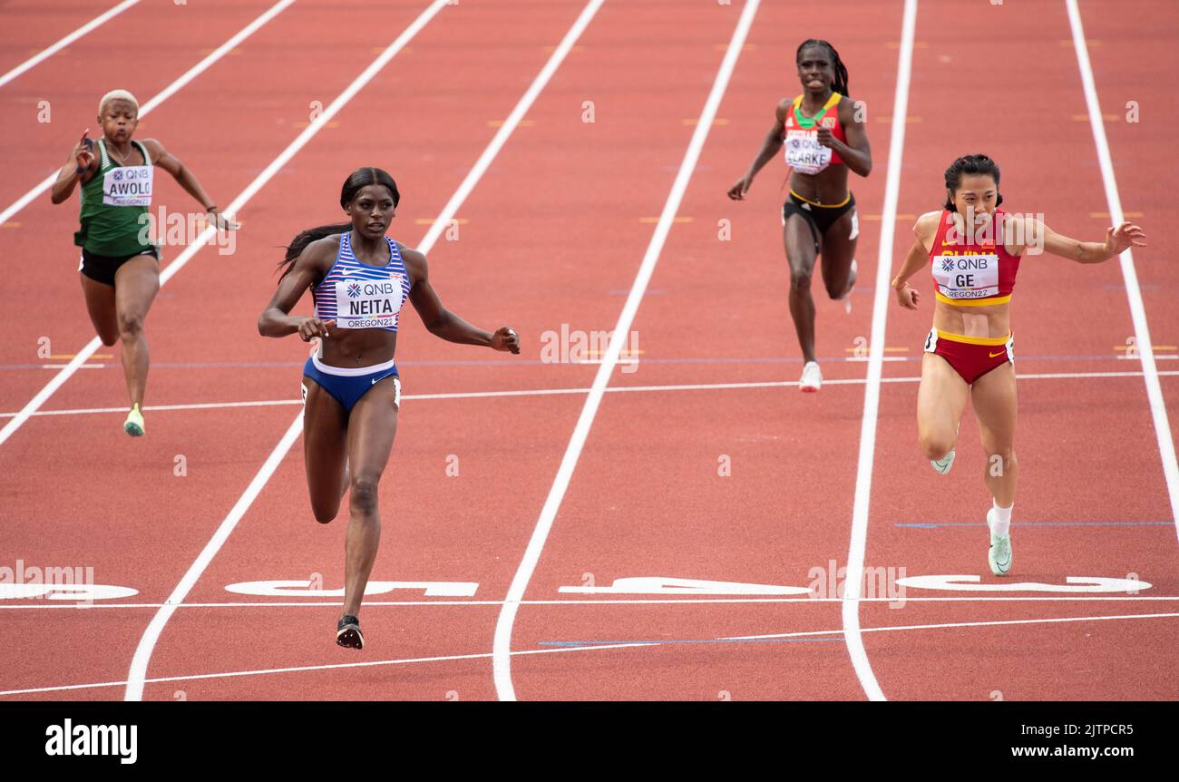 Fatmata Awolo, Daryll Neita, Amya Clarke, Manqi Ge competing in the ...