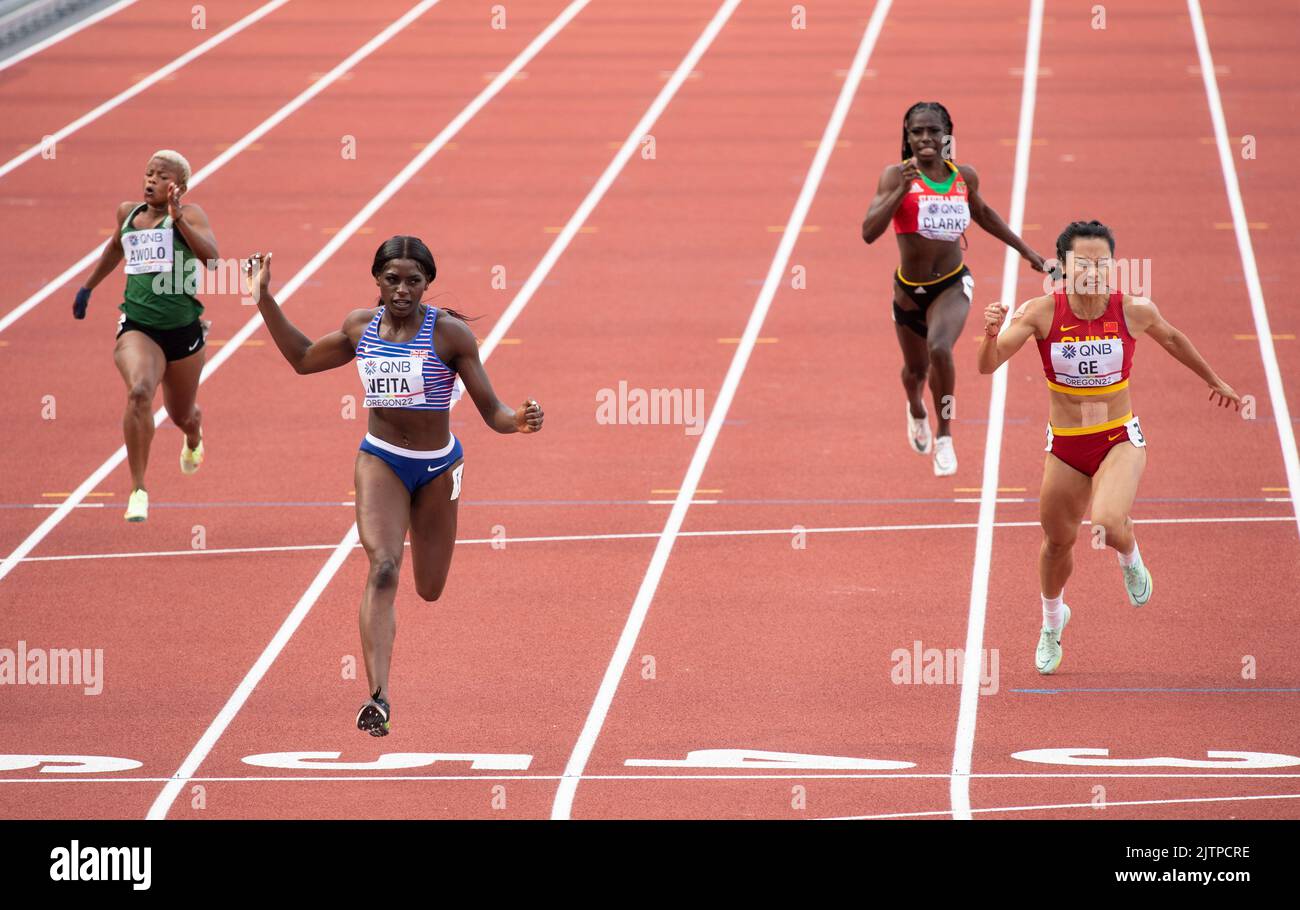 Fatmata Awolo, Daryll Neita, Amya Clarke, Manqi Ge competing in the ...