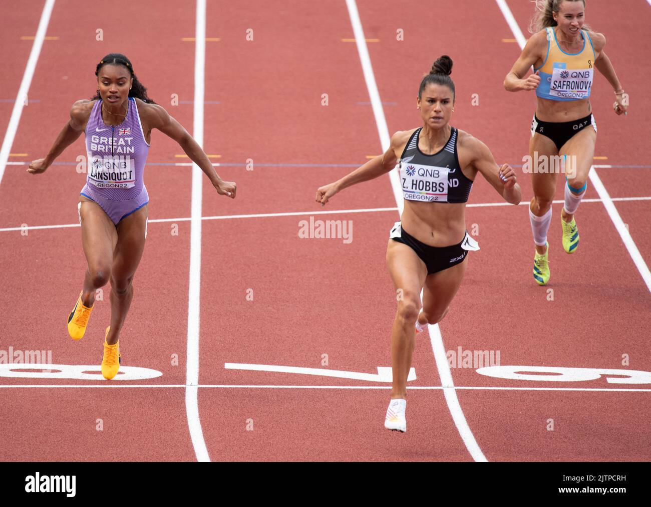 Imani Lansiquot, Zoe Hobbs competing in the women’s 100m heats at the ...