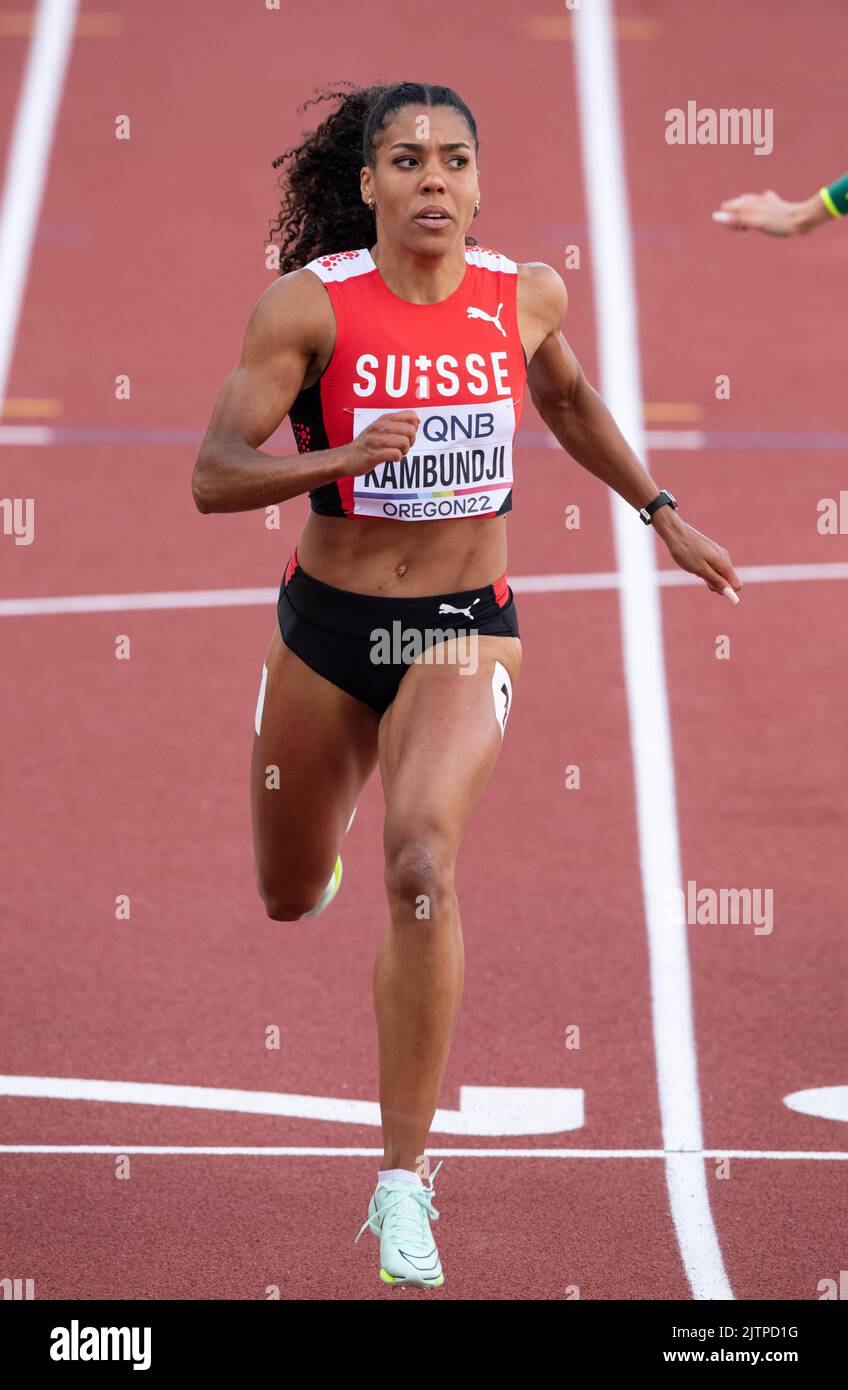 Mujinga Kambundji of Switzerland competing in the women’s 100m heats at ...