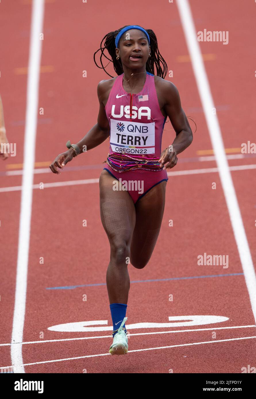 Twanisha Terry of the USA competing in the women’s 100m heats at the ...