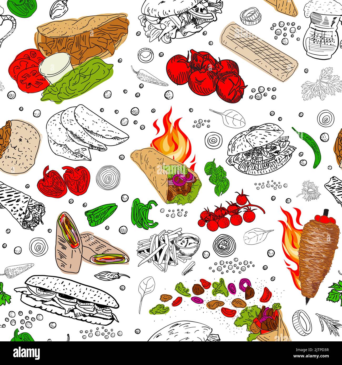 Shawarma cooking and ingredients for kebab. Seamless pattern. Vintage ...