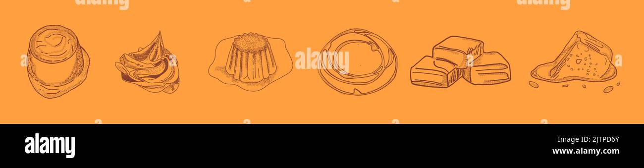 Caramel products. Top view frame. Hand drawn illustration. Pieces of ...