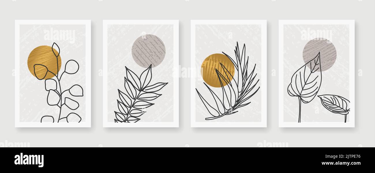 Botanical and golden line Minimal and natural wall vector set. Boho ...