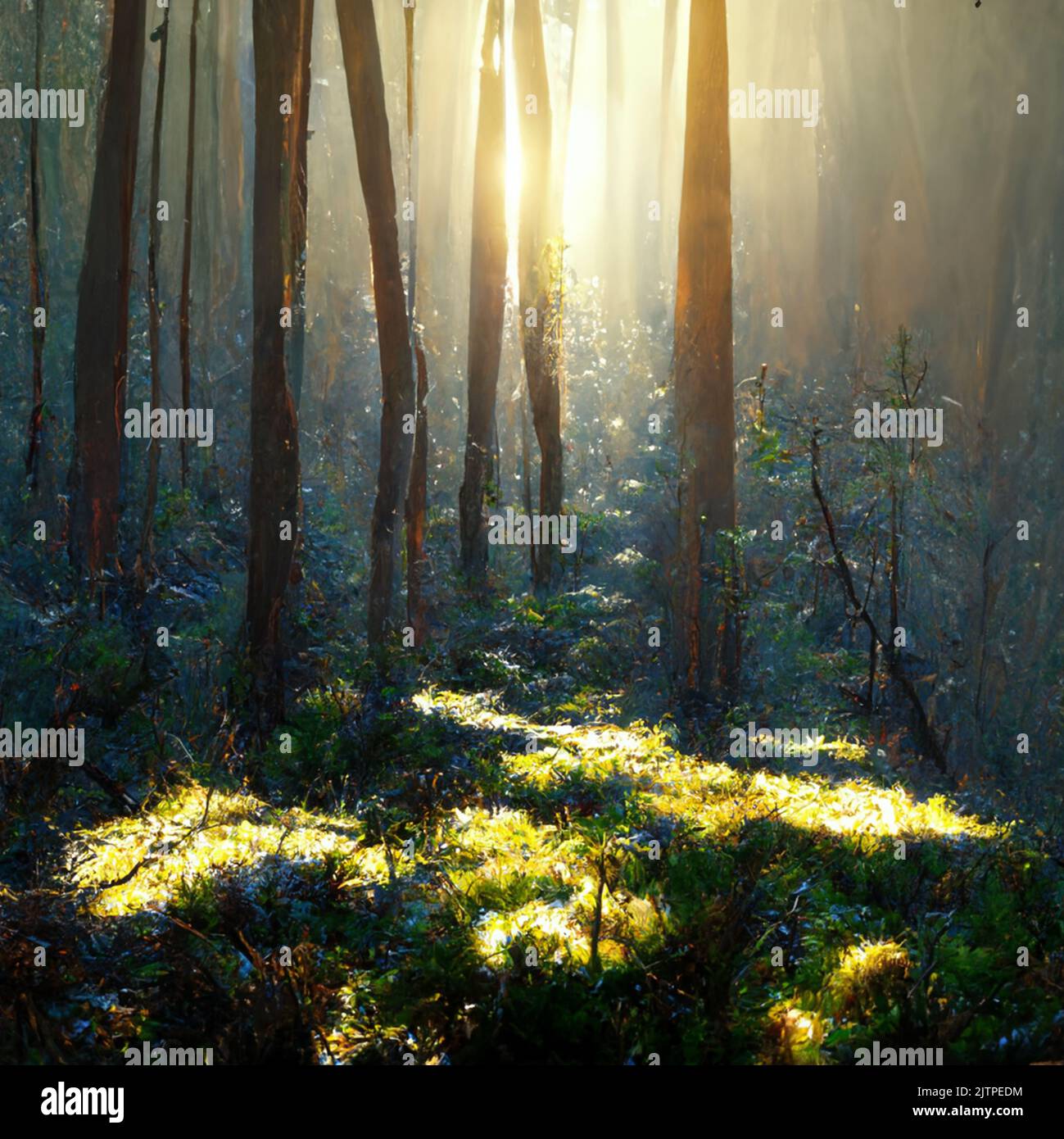 Beautiful sunny morning in magic forest. Forest in the morning in a fog ...