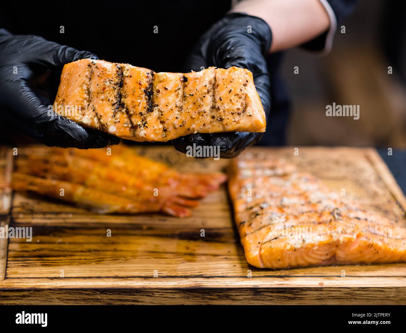 seafood recipe smoked salmon fillet langoustines Stock Photo - Alamy