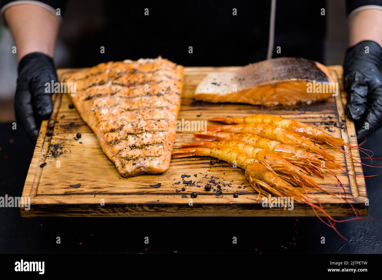 seafood delivery smoked salmon fillet langoustines Stock Photo - Alamy