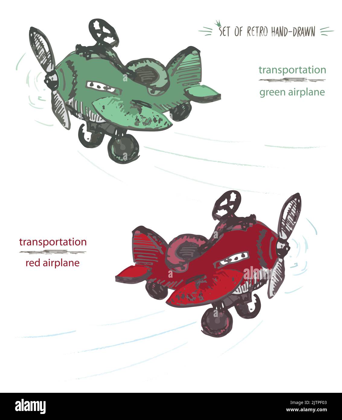 Set of hand-drawn red and green airplane. Ink brush sketch Stock Vector ...