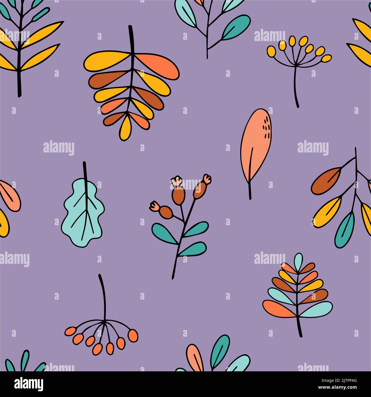Colorful autumn leaves on a seamless purple background. Hello, Autumn ...