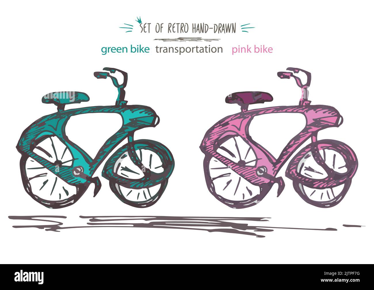 Set vintage bicycle vector illustration. Retro Hand-drawn bike in Ink brush sketch style ...