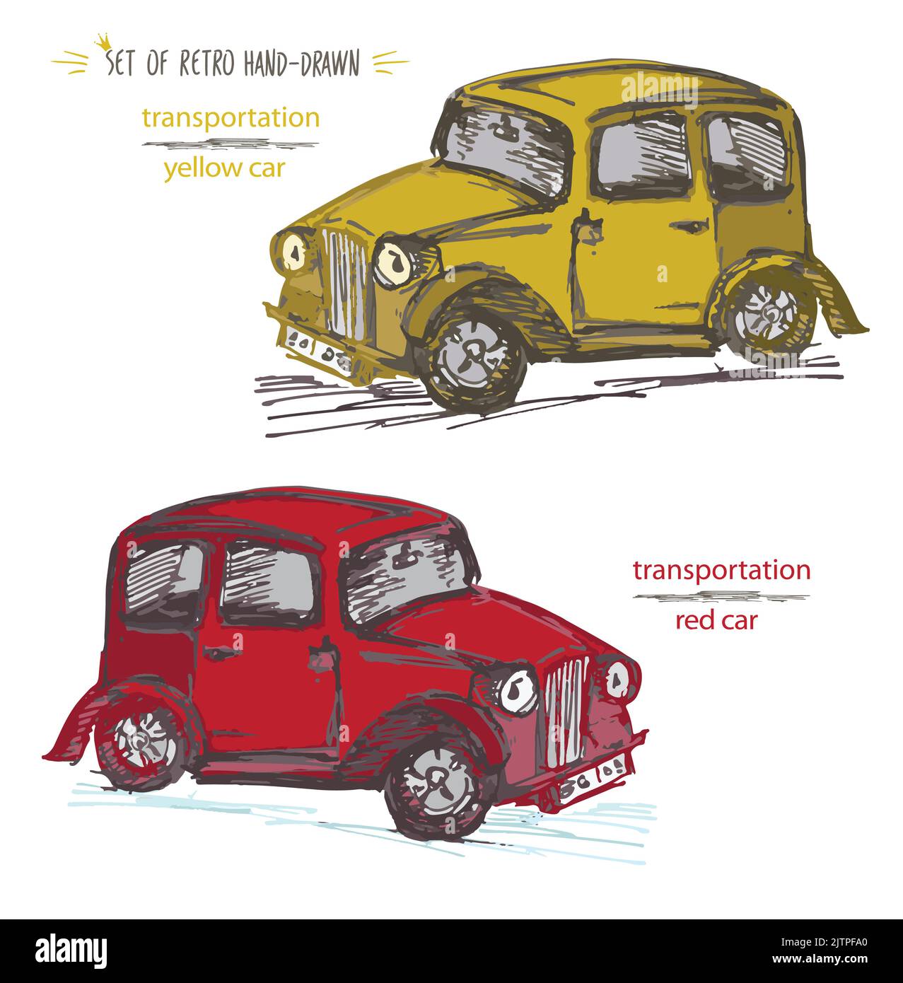 Set vintage car vector illustration. Retro Hand-drawn taxi cab in Ink ...