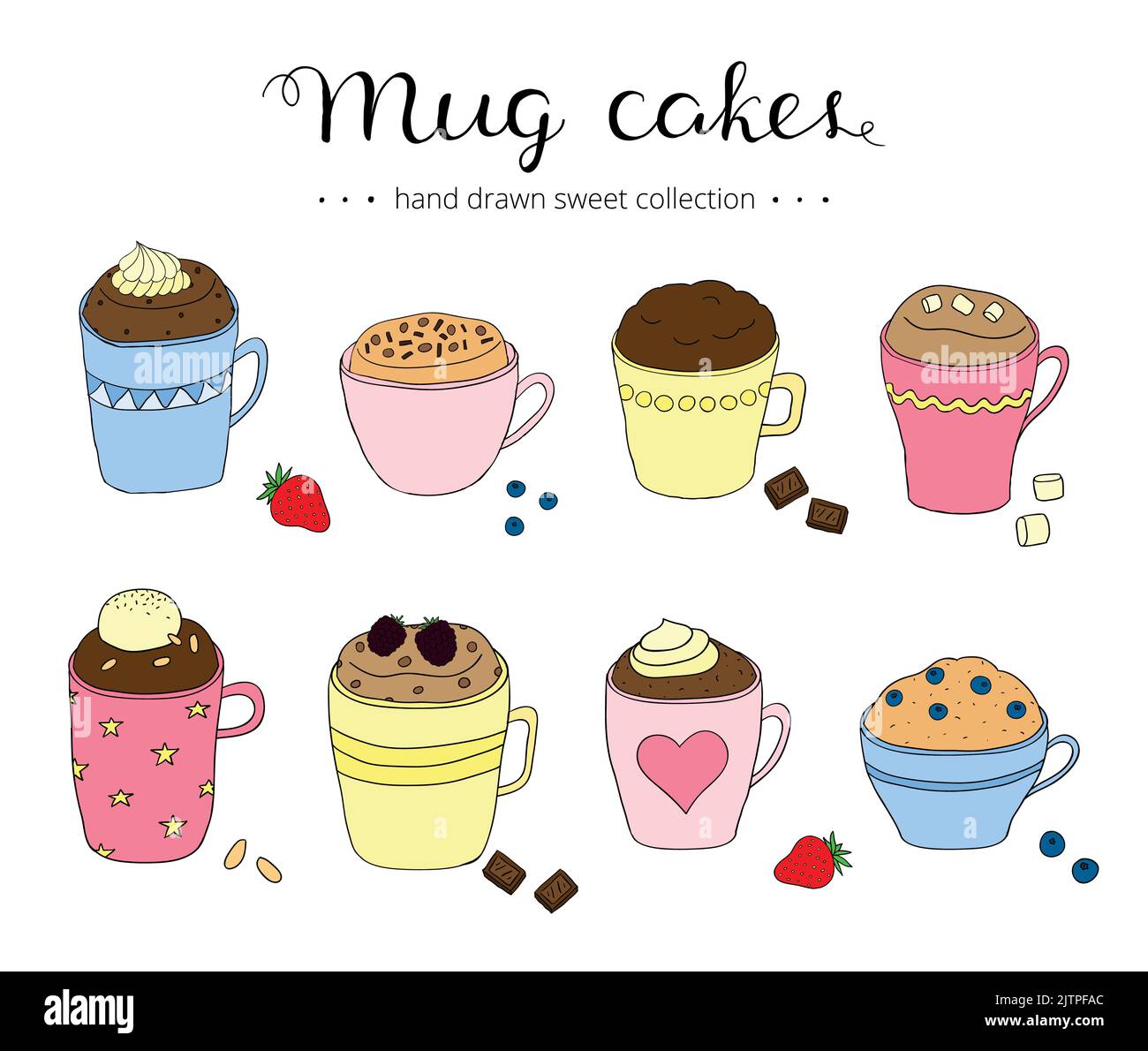 Collection of cute doodle mug cakes. Can be used for recipes, postcards ...