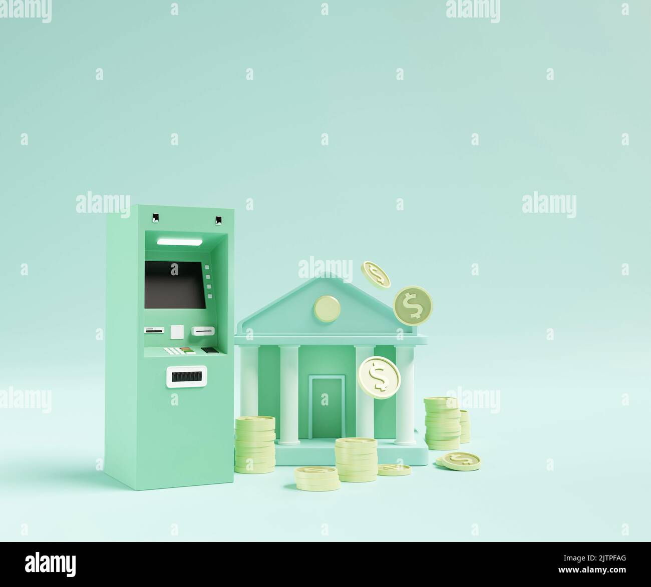 ATM machine with minimal bank service building and coins on green ...