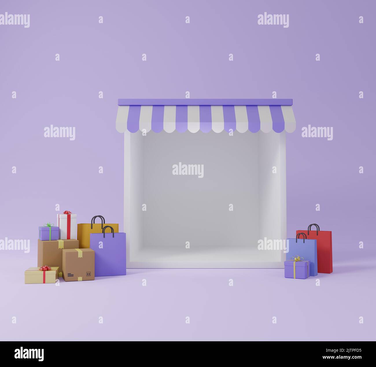 Empty mock up display kiosk shopping store front box with striped ...