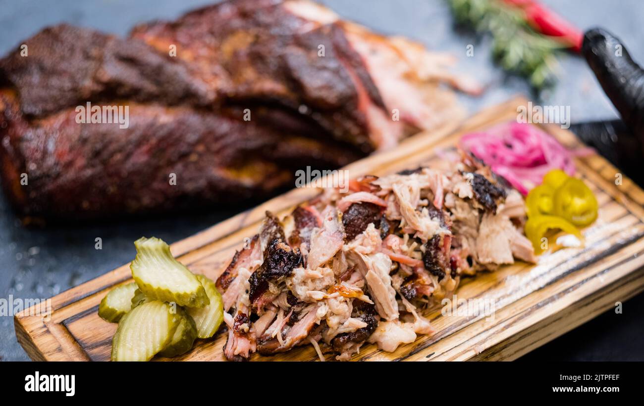 grill restaurant menu pulled pork wooden board Stock Photo - Alamy