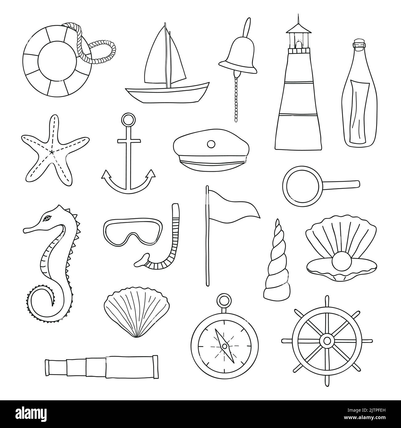 Hand drawn outline nautical items on white background Stock Vector ...