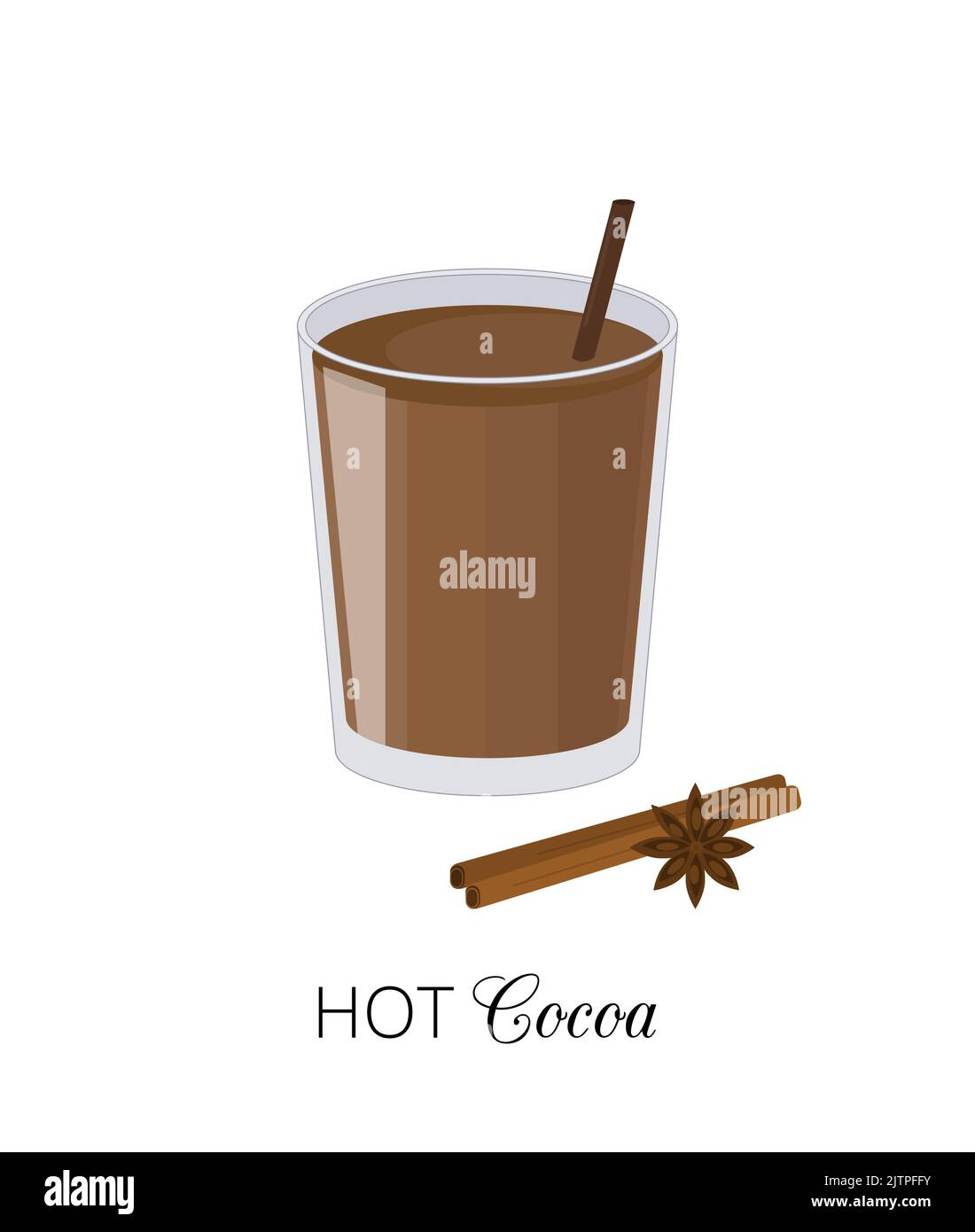 Hot cocoa in glass with straw isolated on white background. Cartoon ...