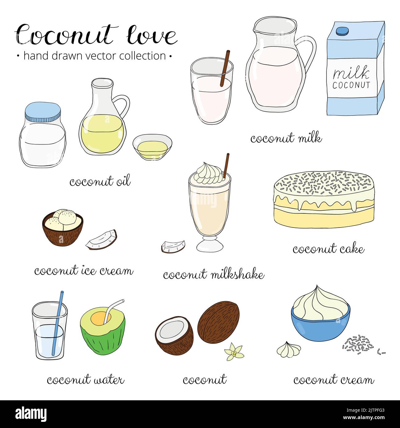 Coconut love set isolated on white background. Hand drawn colored ...