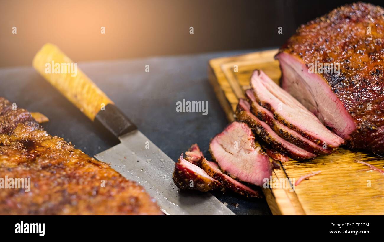 culinary master class hot smoked beef brisket Stock Photo - Alamy