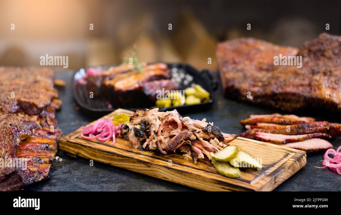 grill restaurant smoked pulled pork ribs meat ribs Stock Photo - Alamy