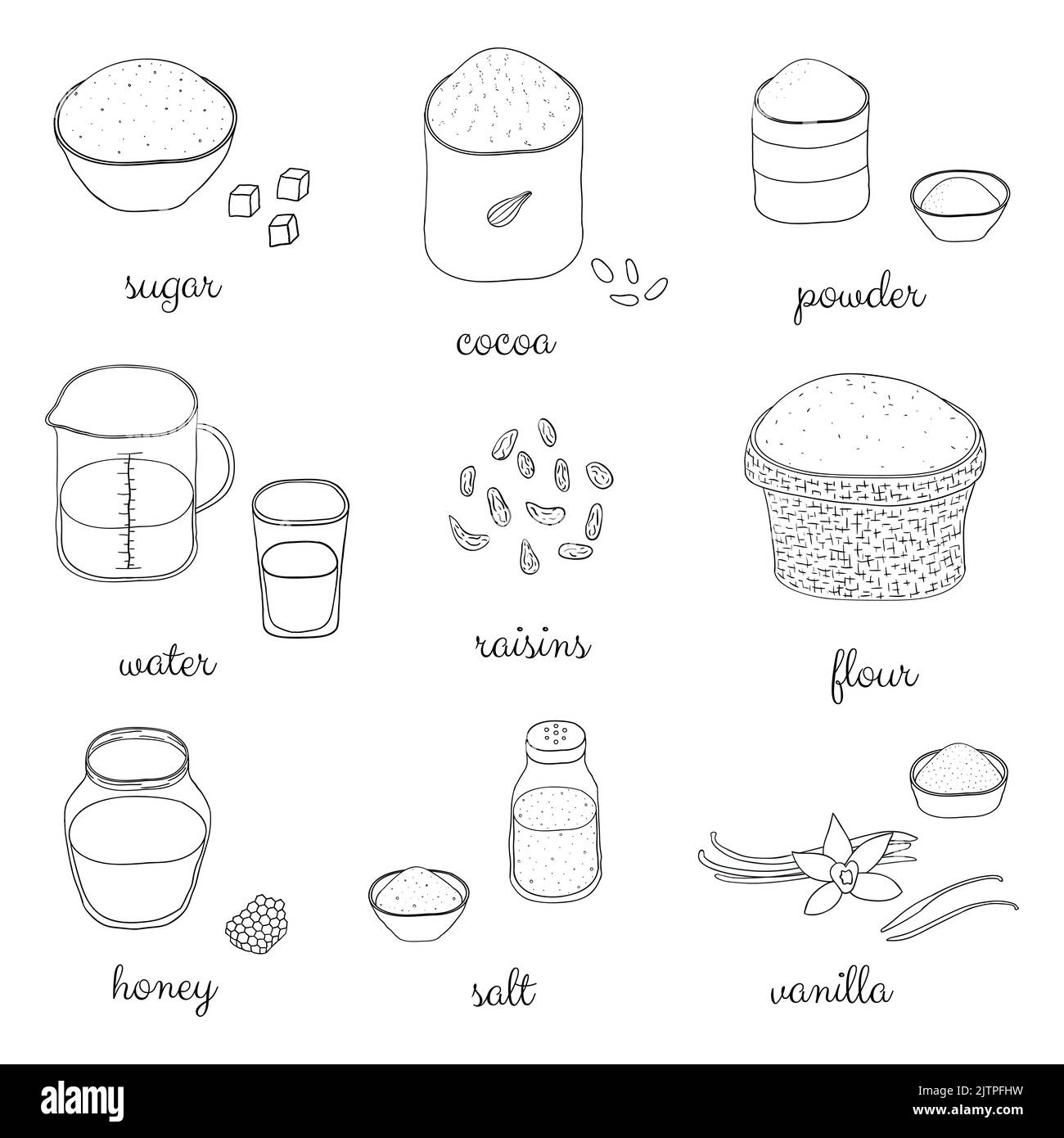 Hand drawn outline baking ingredients isolated on white background ...