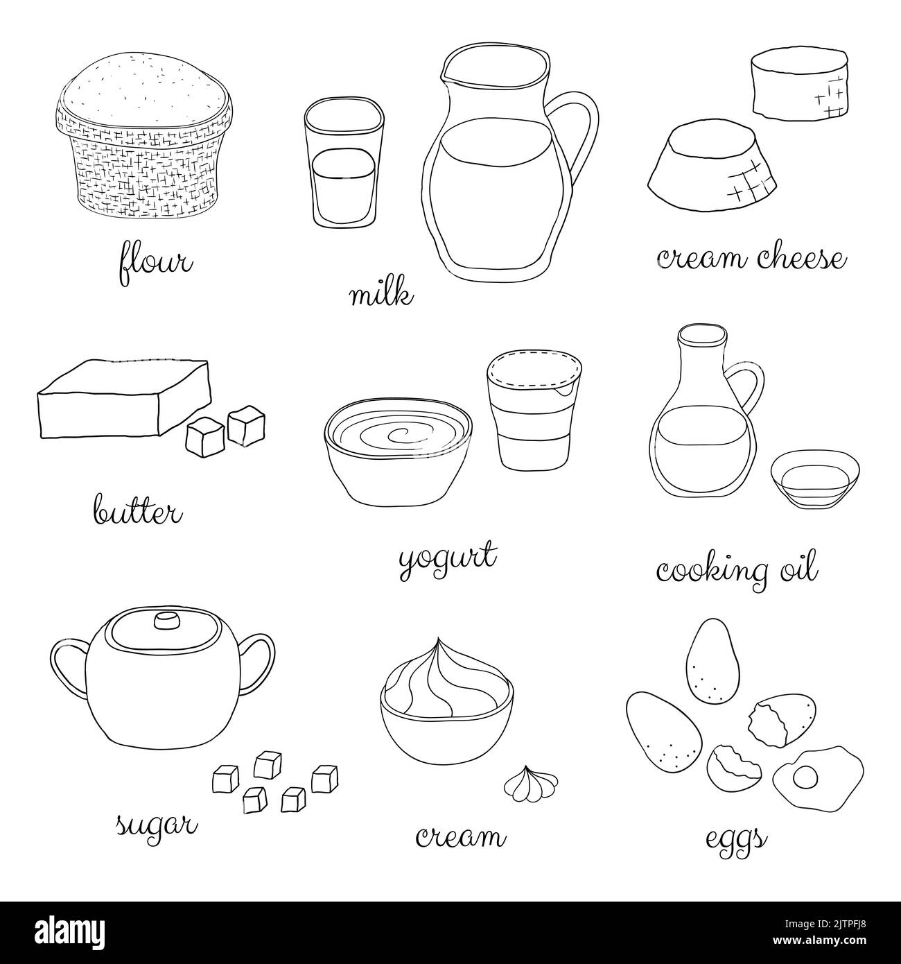 Hand drawn outline baking ingredients isolated on white background ...