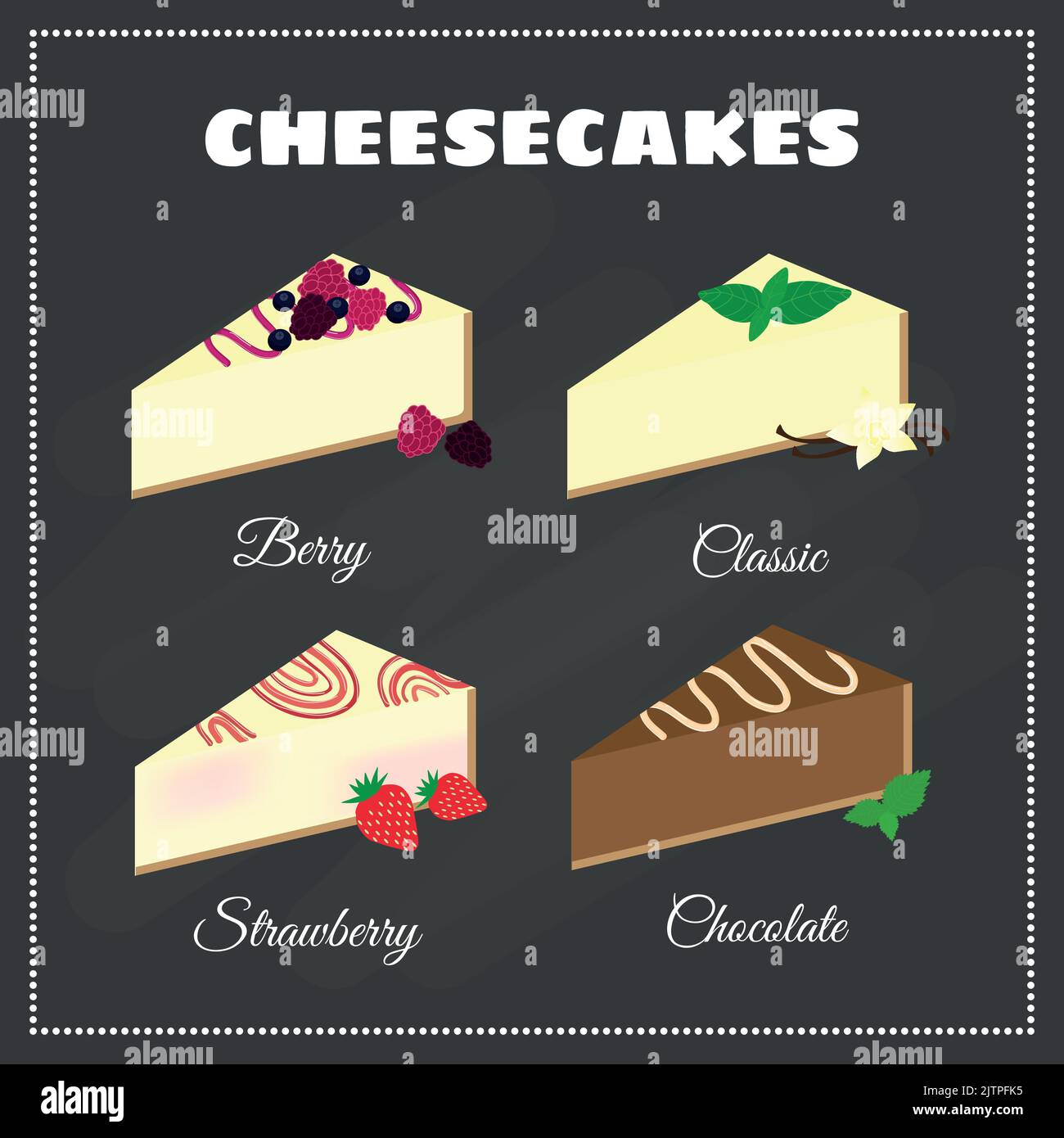 Set with four different cheesecakes on the blackboard. Berry, classic ...