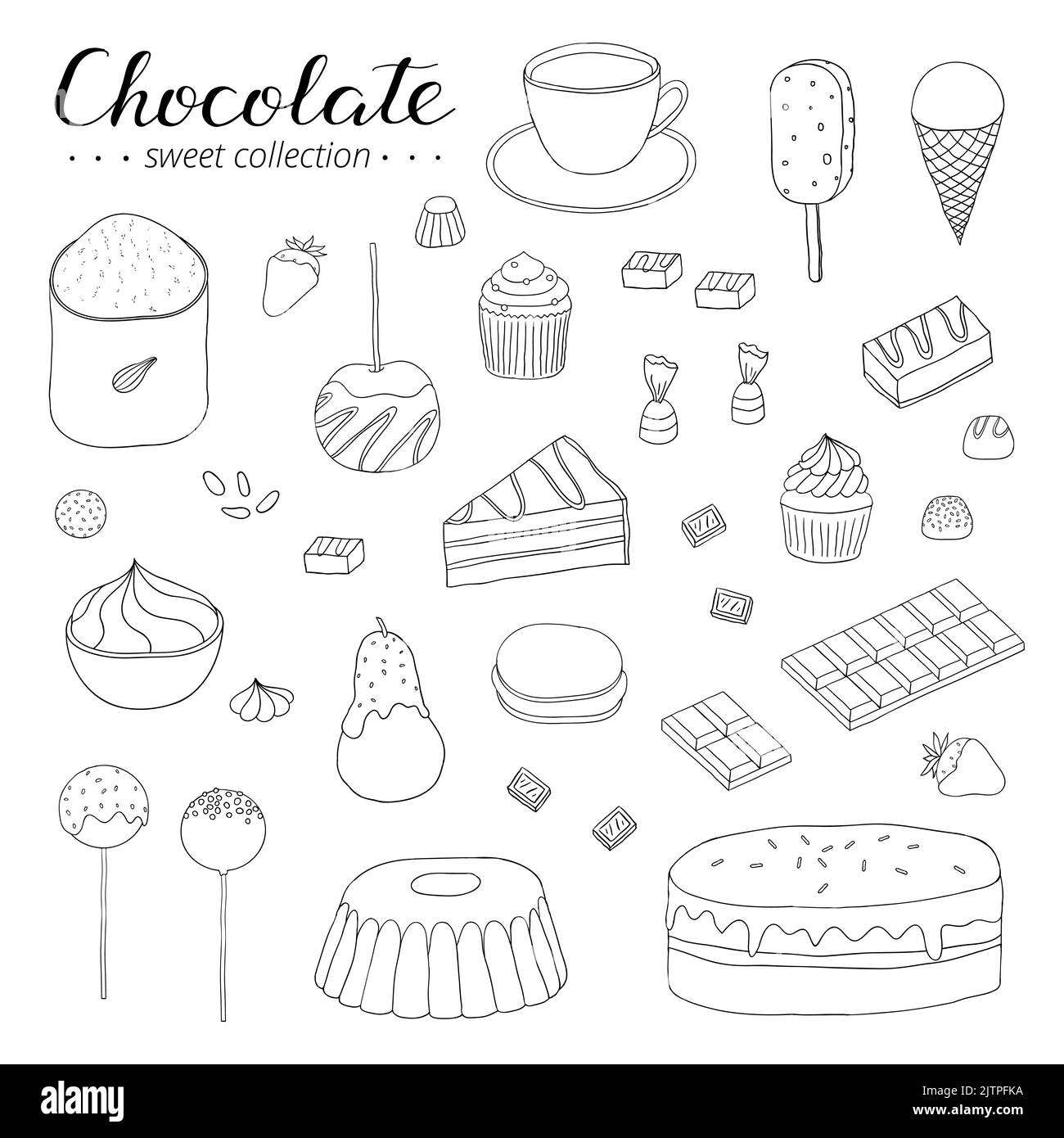 Hand drawn outline chocolate products isolated on white background ...