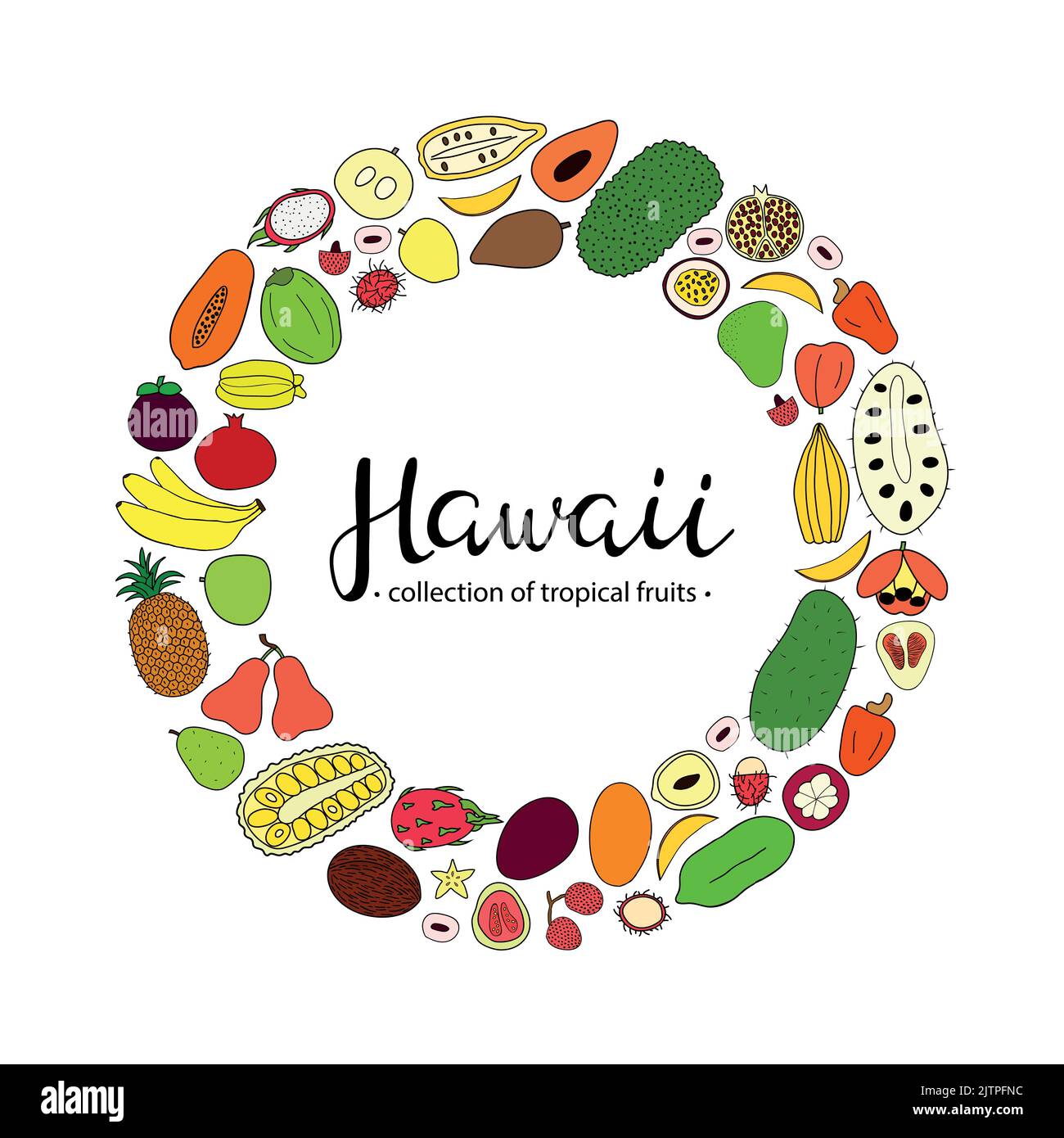 Hand drawn tropical fruits of Hawaii in circle shape with lettering ...