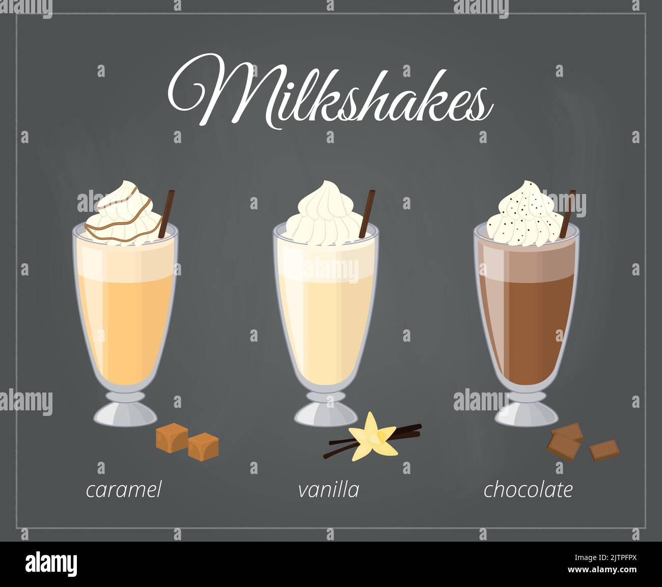 Cartoon milkshakes in glass on chalkboard background. Caramel, vanilla ...