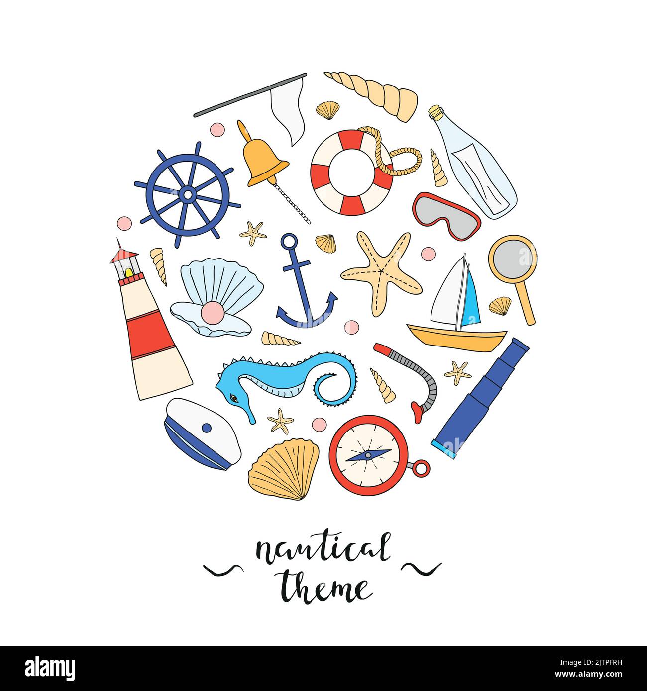 Hand drawn nautical items in circle with lettering Stock Vector Image ...